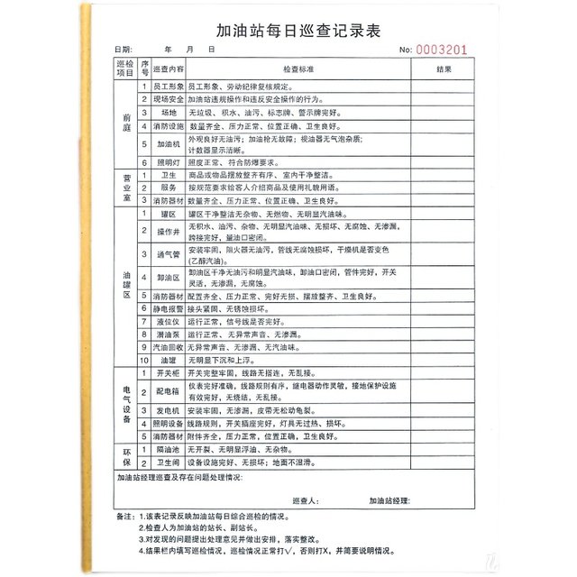 A4 gas station daily inspection record table customized for duty ...