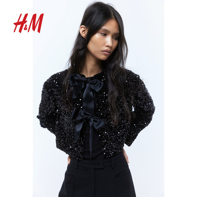 HM women's short jacket autumn fashion Christmas decoration bow sequin ...