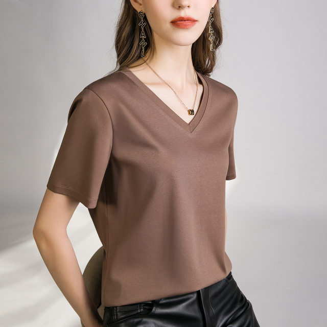 2025 summer new V-neck short-sleeved T-shirt for women's white cotton ...