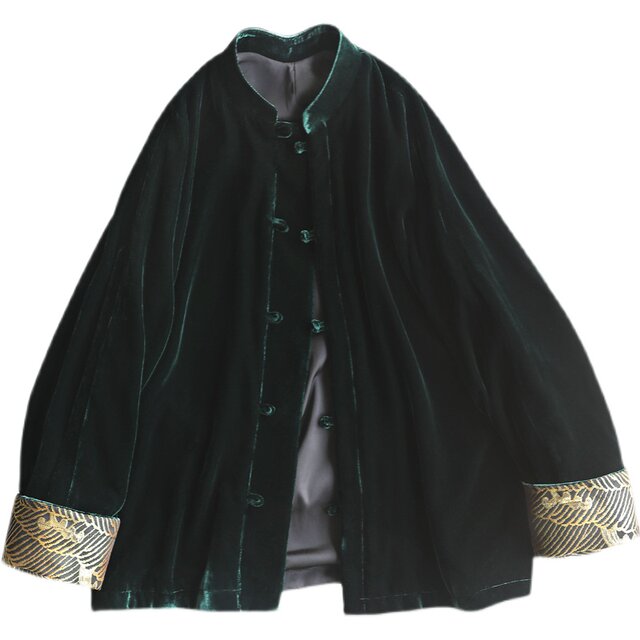 Yunshu original new Chinese style stand collar spliced velvet button ...