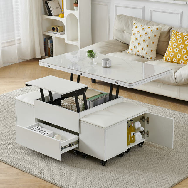 Solid wood rock plate multi -function lift coffee table small apartment ...