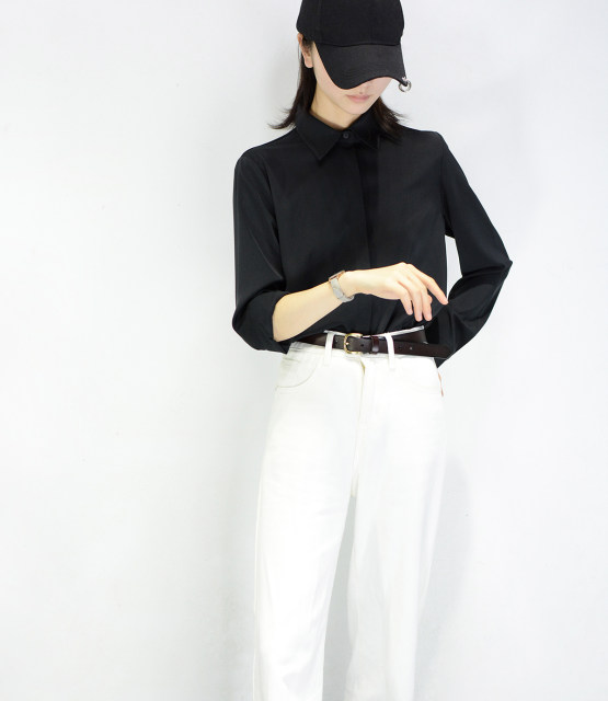 TRR can't put it down, satin matte Hepburn black shirt, slim fit top ...