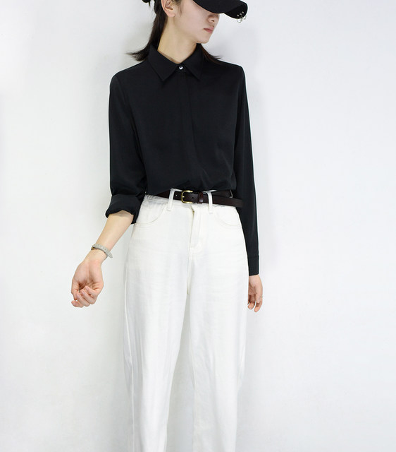 TRR can't put it down, satin matte Hepburn black shirt, slim fit top ...