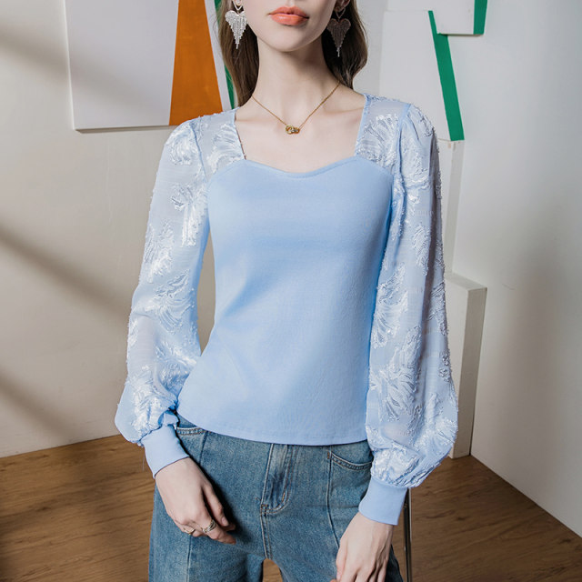 French square collar top for women's jacquard splicing puff sleeves ...