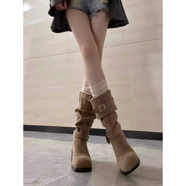 Wrinkled pile boots for women, thick heel, slim and thick sole boots ...