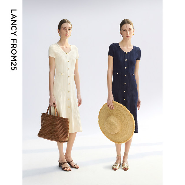 [Langzi Ole]Langzi 2025 summer new round neck slim knitted dress with short sleeves elegant ol ...