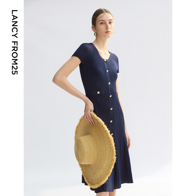 [Langzi Ole]Langzi 2025 summer new round neck slim knitted dress with short sleeves elegant ol ...