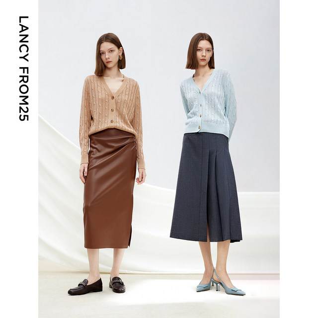 [Langzi Ole]Langzi linen long sleeve two-color v-neck sweater loose short collar top spring 2025