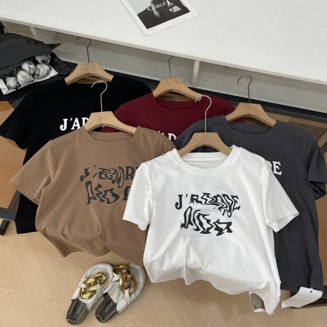 New summer fashion versatile letter short-sleeved top slim solid color ...