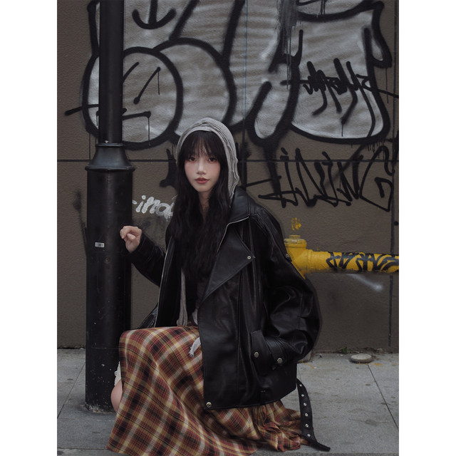 Keepblue street art black leather clothes outer set female 2024 new ...