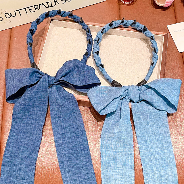 Children's denim blue streamer hairband girl retro braided hairband ...