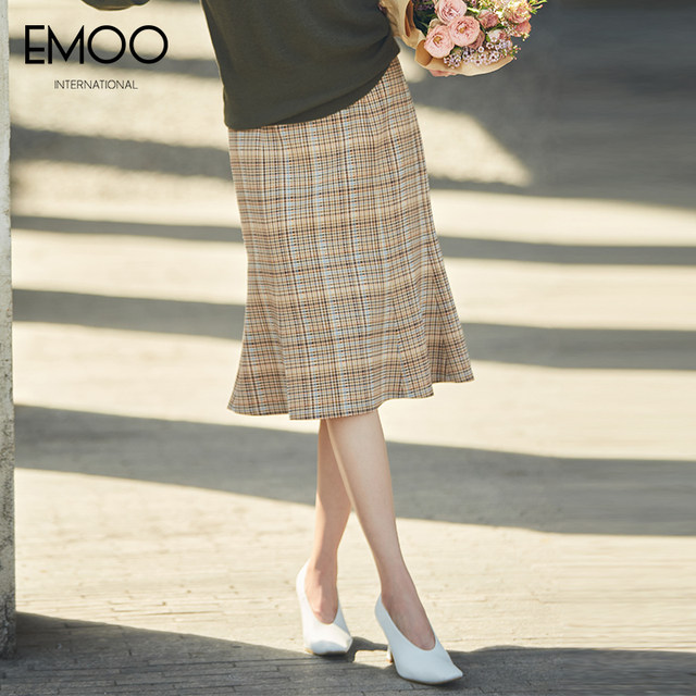 EMOO Yangmen checked skirt 2024 early autumn skirt grid high -waisted fishtail skirt commute ...