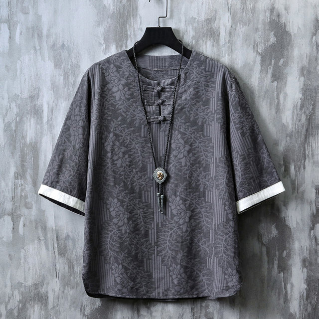 Chinese style men's jacquard cotton and linen short-sleeved T-shirt men ...