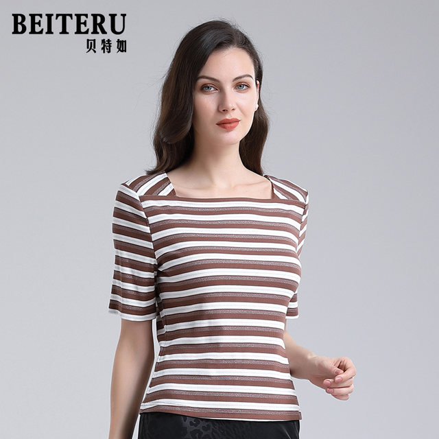 Betru counter genuine middle-aged women's striped T-shirt summer short ...