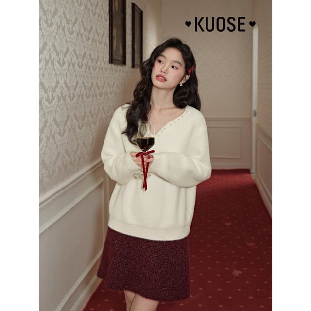 Wide -colored soft glutinous apricot sweater, lazy wind imitation mink ...