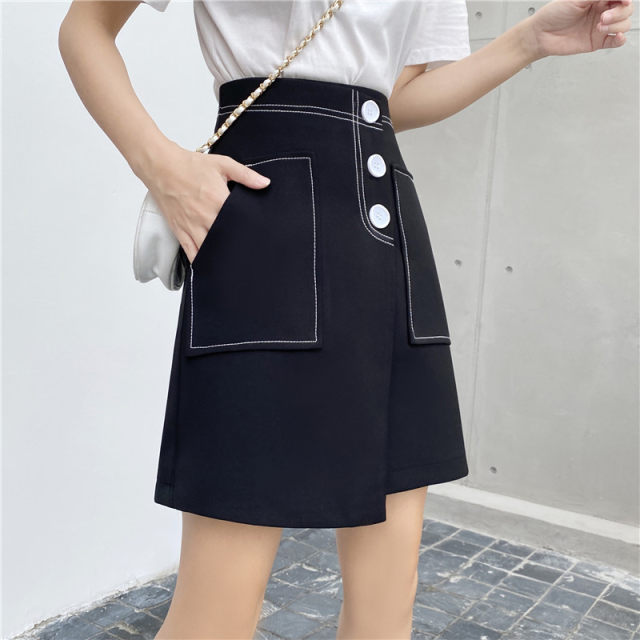 Irregular pocket skirt buckle bright line short skirt fat mm large size skirt high -waisted A ...