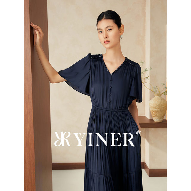 YINER 2025 summer new thin skin-friendly island silk satin lotus leaf sleeve dress