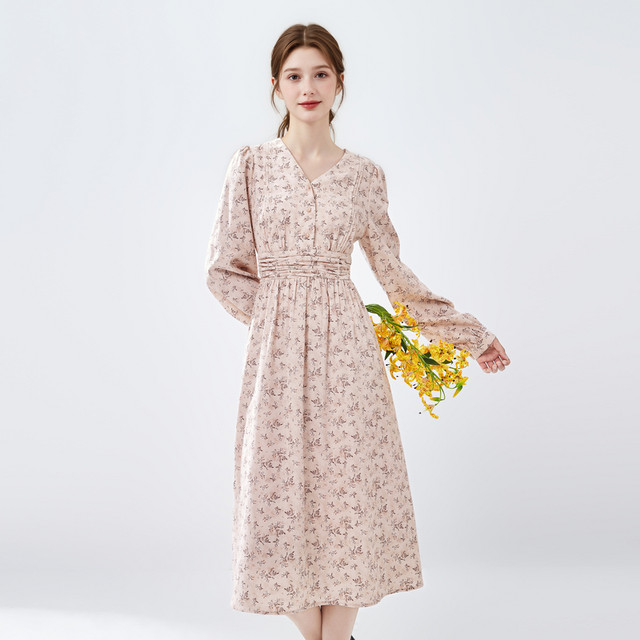 Qiushui Yiren temperament V-neck floral long-sleeved dress 2025 autumn ...