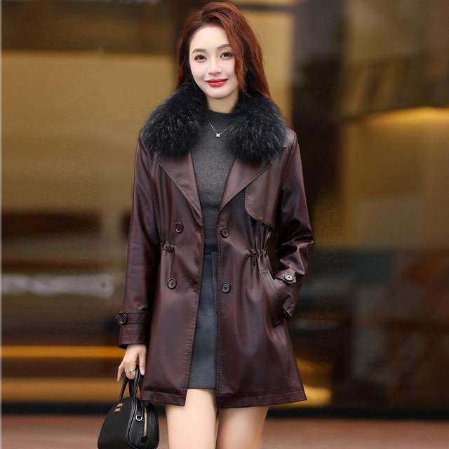 2024 New Winter True Mao Collar Mid -length Slender and Velvet Skin Women's Leather Jacket ...