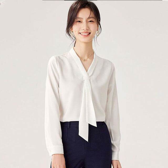 V-neck streamer chiffon long-sleeved white shirt for women in autumn ...