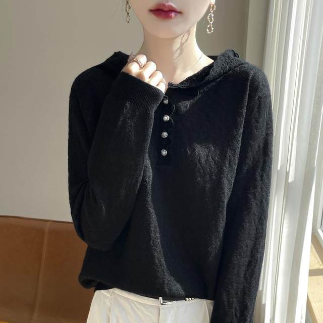 2024 Autumn and Winter Hooded Worsted Wool Sweater Women's Lace ...