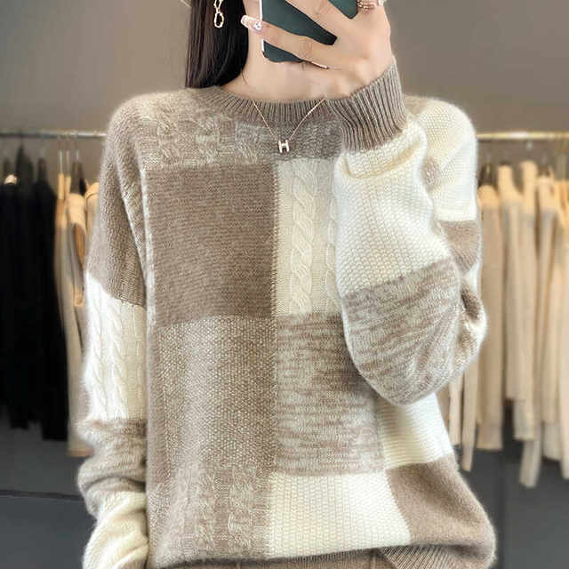 Autumn and winter thickened 100%pure cashmere sweater, women's round ...