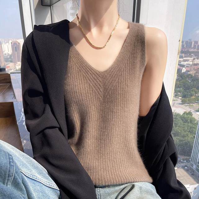100% pure cashmere suspender women's V-neck pit strip sleeveless ...