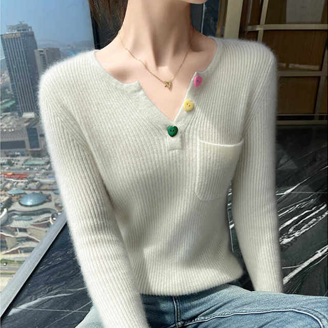 High-end cashmere sweater for women V-neck pit button long-sleeved ...