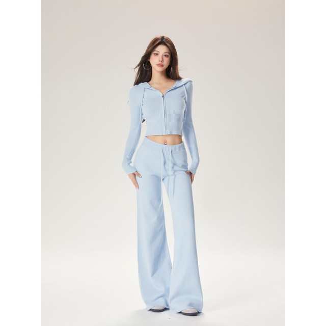 Dust Deng Deng's hooded knitted set female 2024 autumn new lazy wind ...