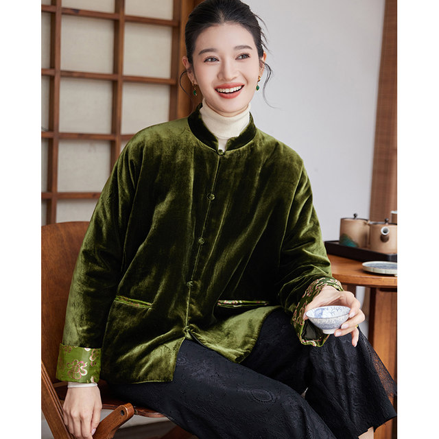 Fietang Chinese retro loose velvet jacket cotton jacket spliced cuffs ...