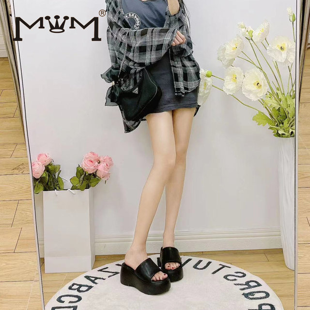 Slack outfit~Simple genuine leather thick-soled slippers for women 2025 ...