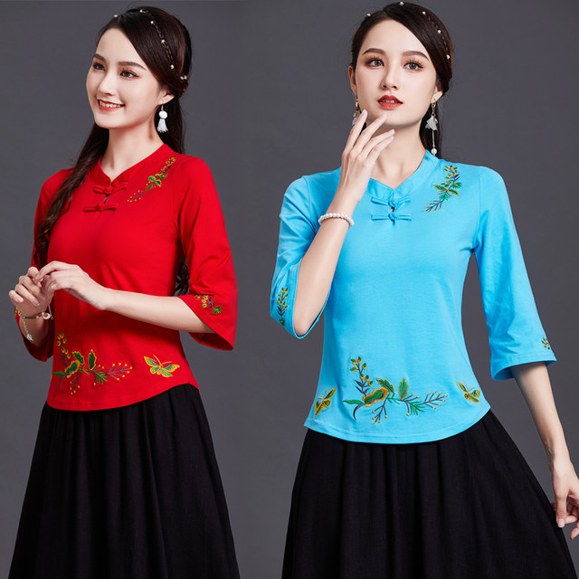 National Wind Embroidery T -shirt Female Seven -point Sleeve Summer ...