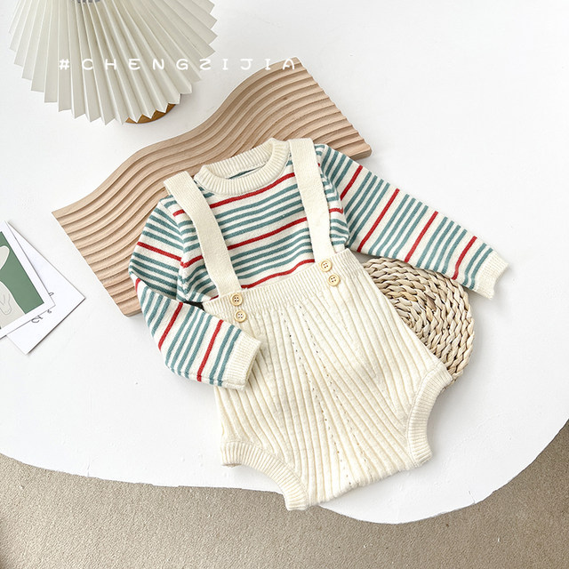 Baby clothes, spring and autumn striped knitted T-shirt suit, infant ...
