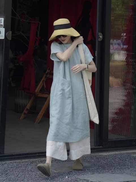 New summer Japanese French style lazy style big pocket round neck dress ...