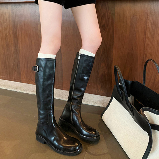 Retro flat-top boots, female knight boots, internet celebrity leather ...