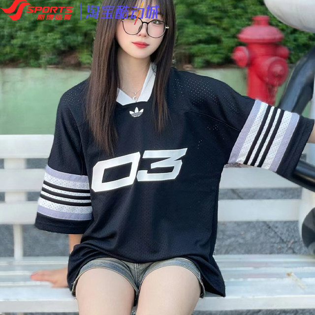 Adidas short -sleeved men and women clover casual loose V -neck ...