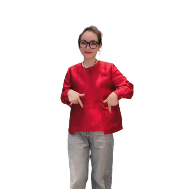 2025 Chinese Red Guo Style Pair Button Round Neck Long Sleeve Shirt ...
