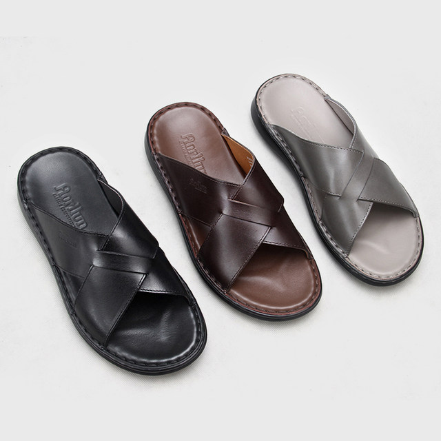 Cowhide slippers for men, genuine leather, hand-stitched, high-end ...