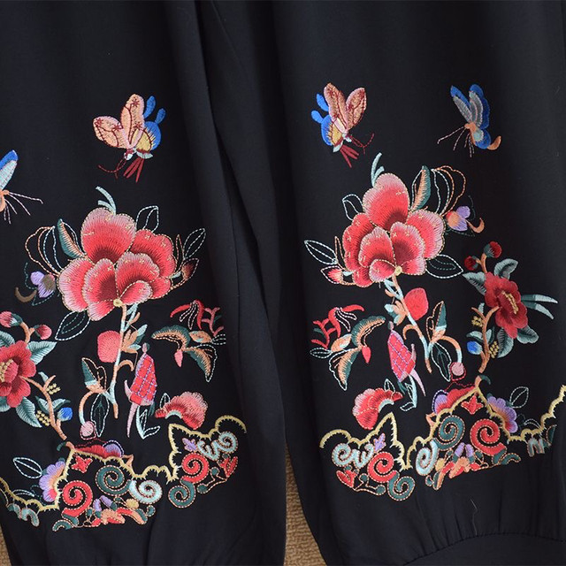 Ethnic style women's trousers summer large size embroidered flower ...