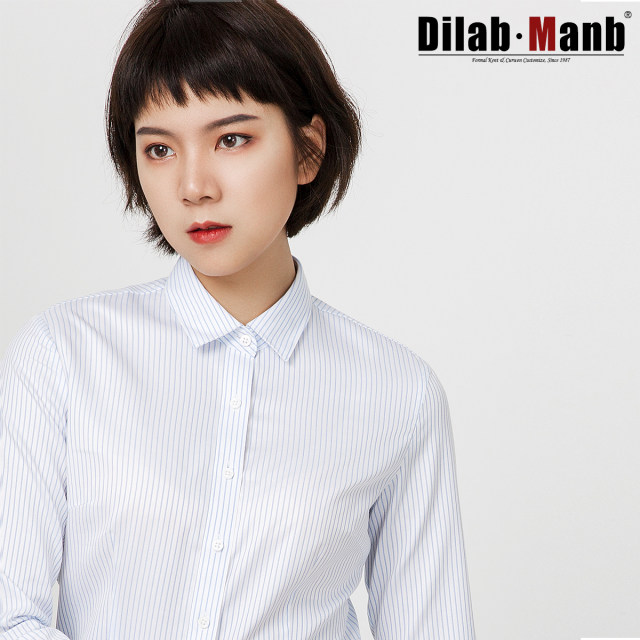 Dimeng no-iron shirt women's long-sleeved blue and white striped pure ...