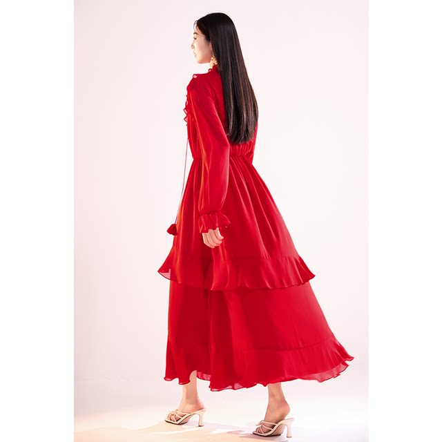 Beauty Concubine dress with red ruffle long sleeves elastic waist ...