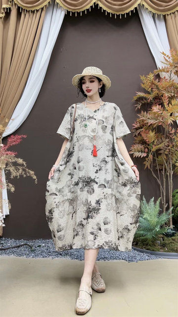 Summer new retro style hemp print V -neck short -sleeved dress female ...