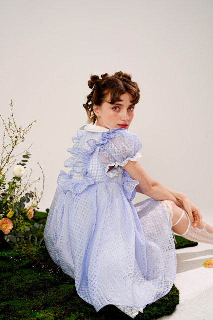 Narrator original design blue plaid doll collar lace lace bubble sleeve ...