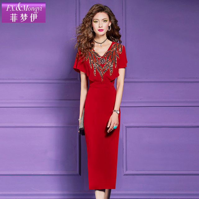 Fei Mengyi bead sequin red dress for women's short-sleeved summer high ...