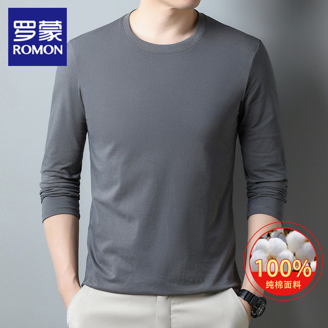 Romon pure cotton round neck long sleeve T-shirt men's thin 2025 spring ...