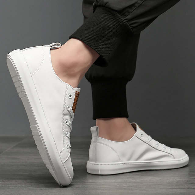 Men's spring and autumn white shoes without lace-up cowhide casual ...