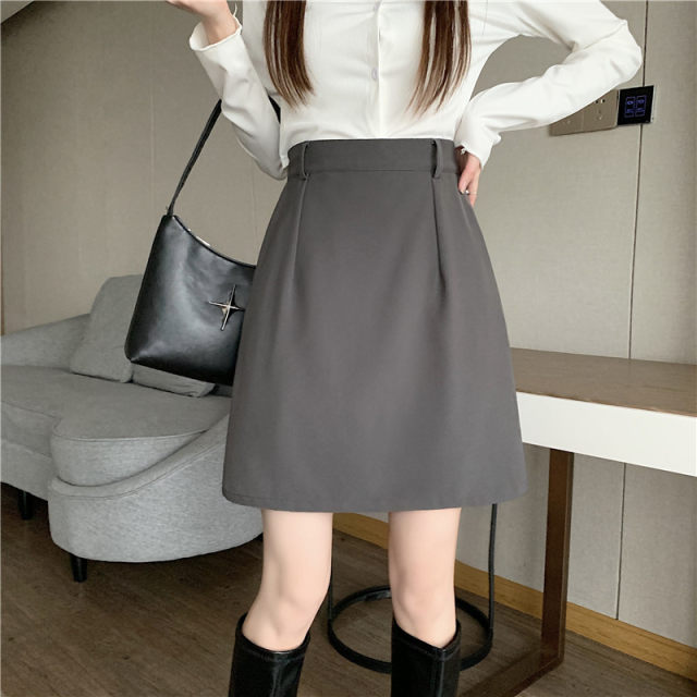2024 Autumn large size suit A -line skirt Female high -waisted pocket skirt covers the wild ...