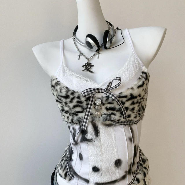 Retro y2k hot girl Shibuya suspender vest American kitten printed ...