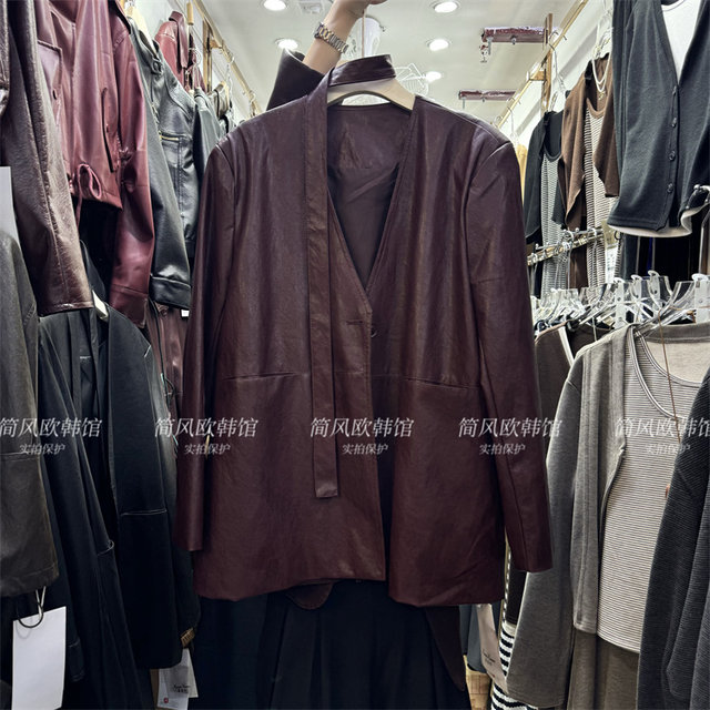Angora red ribbon medium-length leather jacket for women 2025 autumn ...