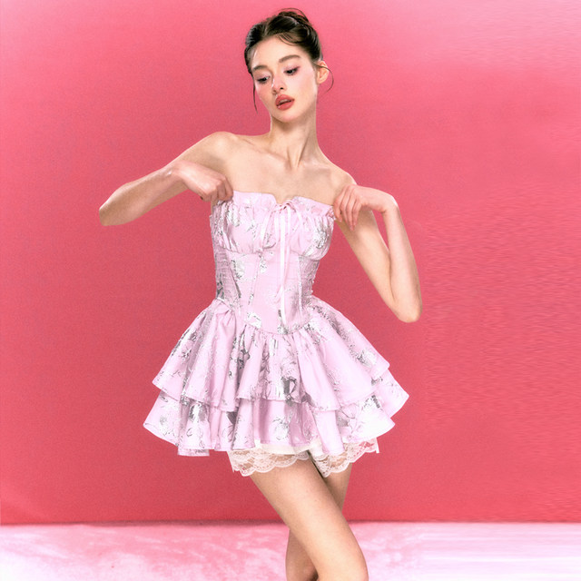 YZZI HE pink girl Barbie French bright silk slim birthday strapless ...